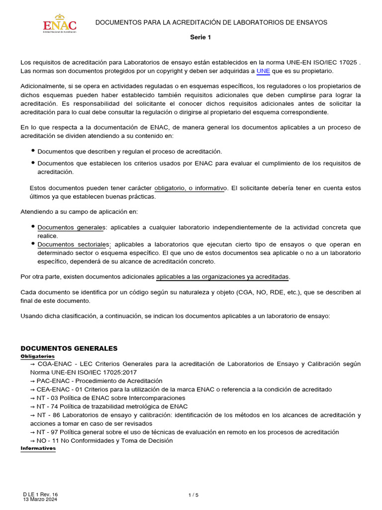 D - LE 1 Rev. 16 Documentos ENAC Aplicables A La Acreditación. Laboratorios de Ensayo ...