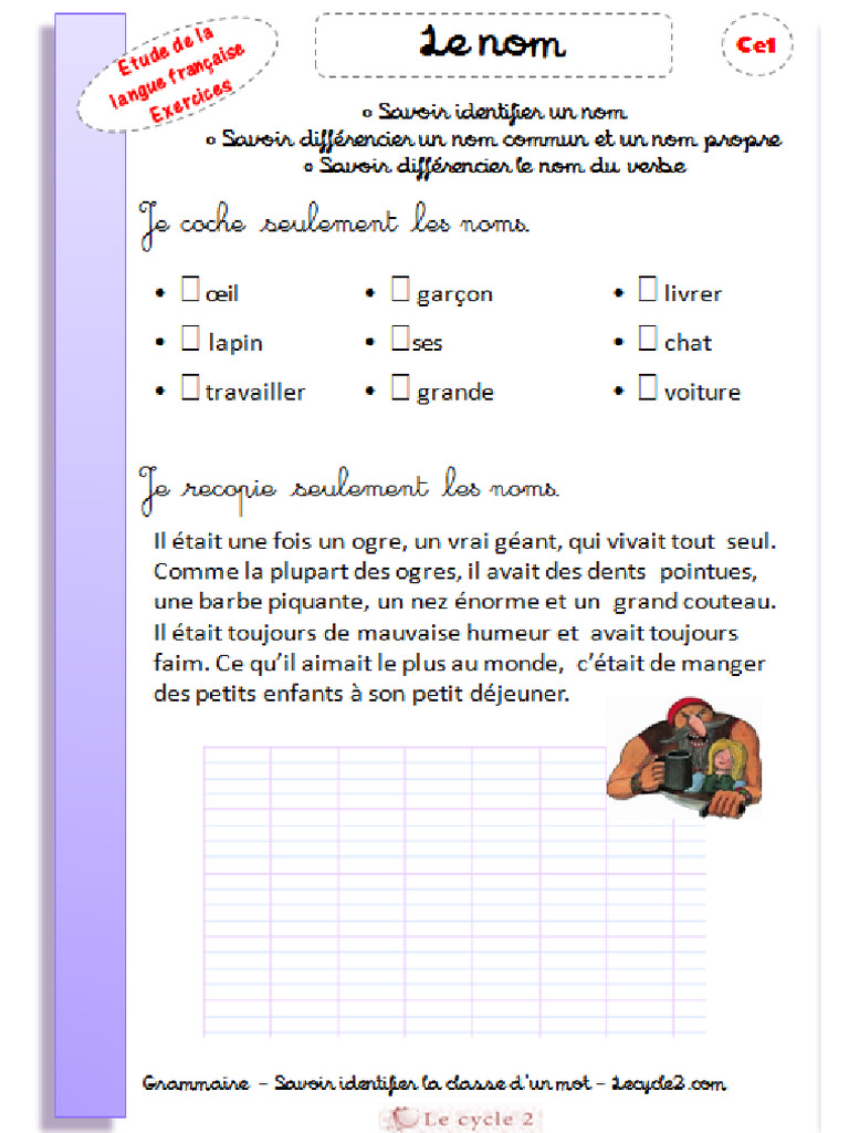 Exercices Grammaire Ce1 Le Nom Les Noms Communs Les Noms Propres ...