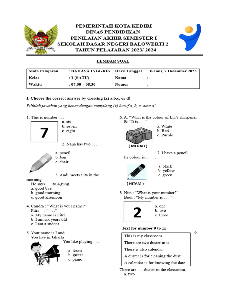 Soal Bahasa Inggris Kelas 1 (Semester 1) | PDF