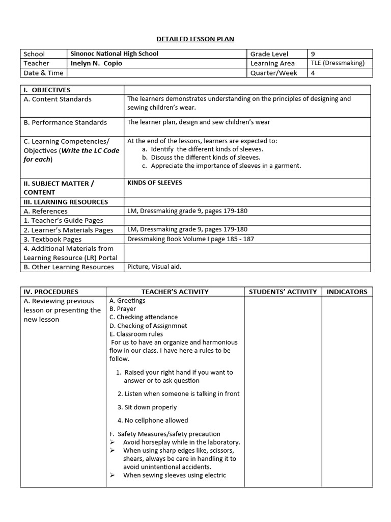 Final 7s Lesson Plan in Kinds of Sleeves | PDF | Clothing | Learning