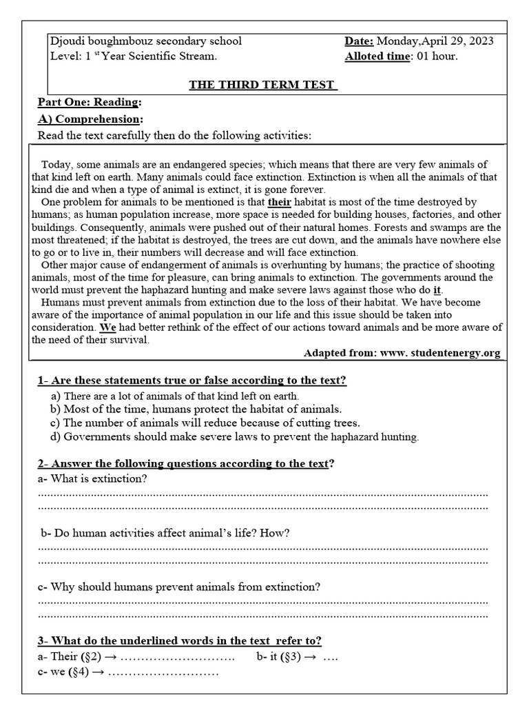 Animal Extinction Test | PDF | Extinction | Endangered Species