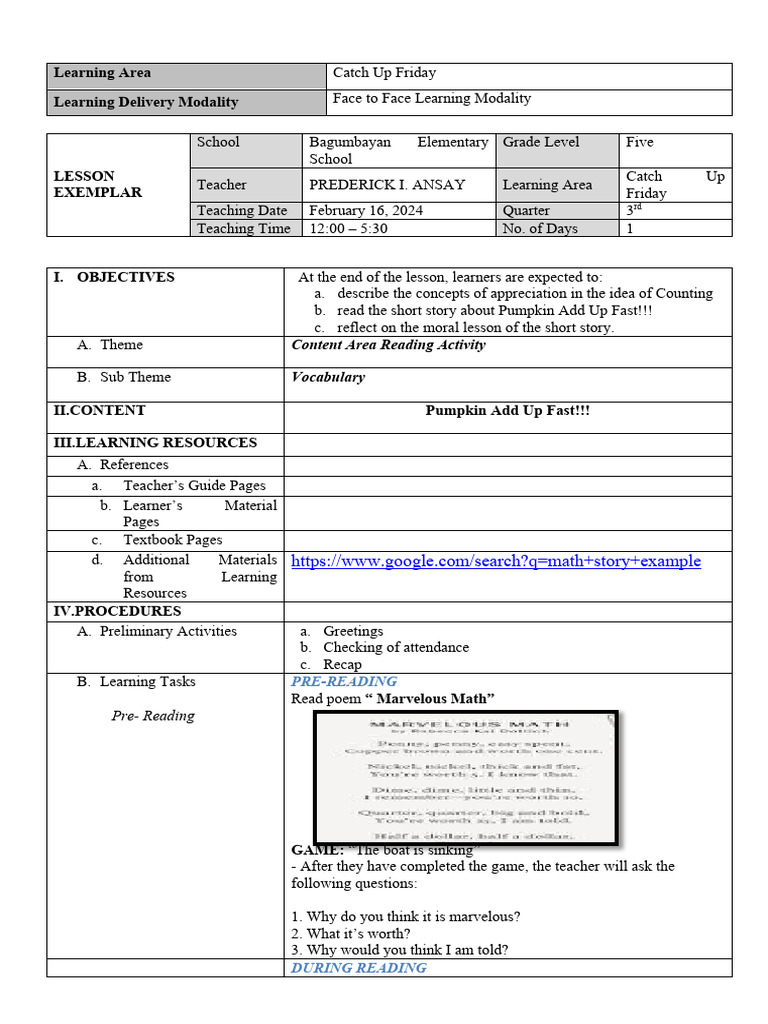CATCH UP Math5Q3W5 FRIDAY LESSON and PLAN PIA | PDF | Learning | Reading Comprehension