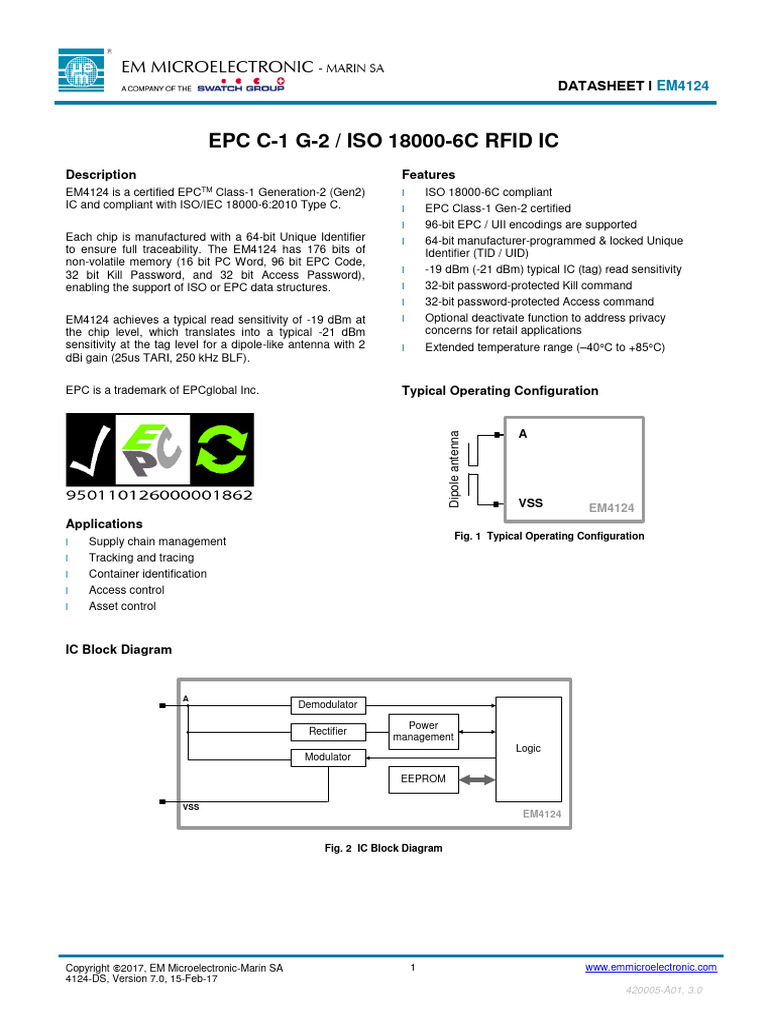EM4124 Data Sheet | PDF | Radio Frequency Identification | Computing