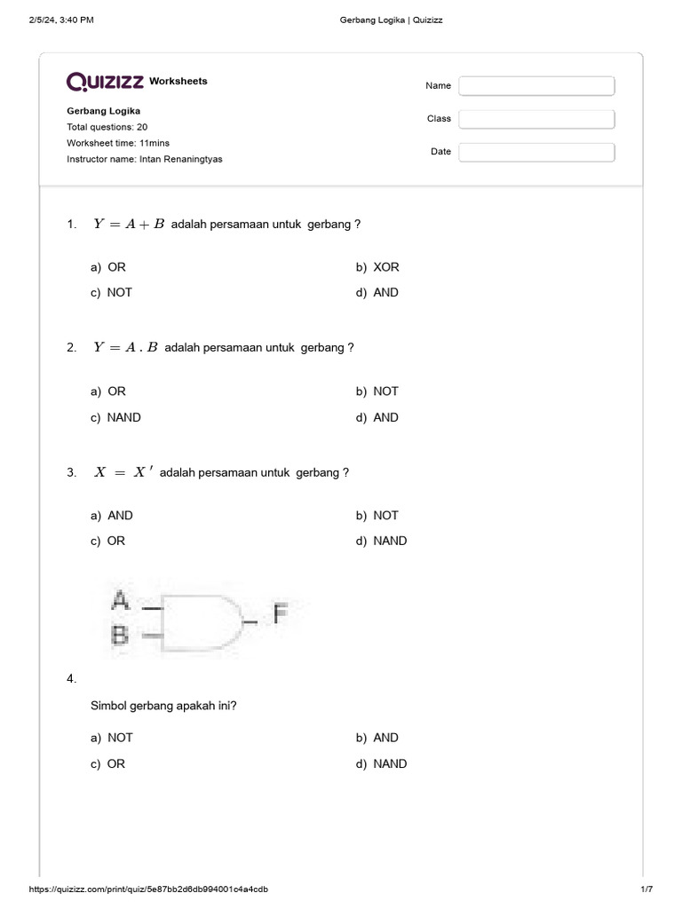Gerbang Logika - Quizizz 20 Soal | PDF