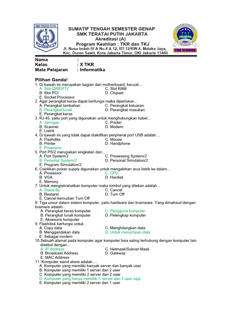 Soal Informatika X TKR | PDF