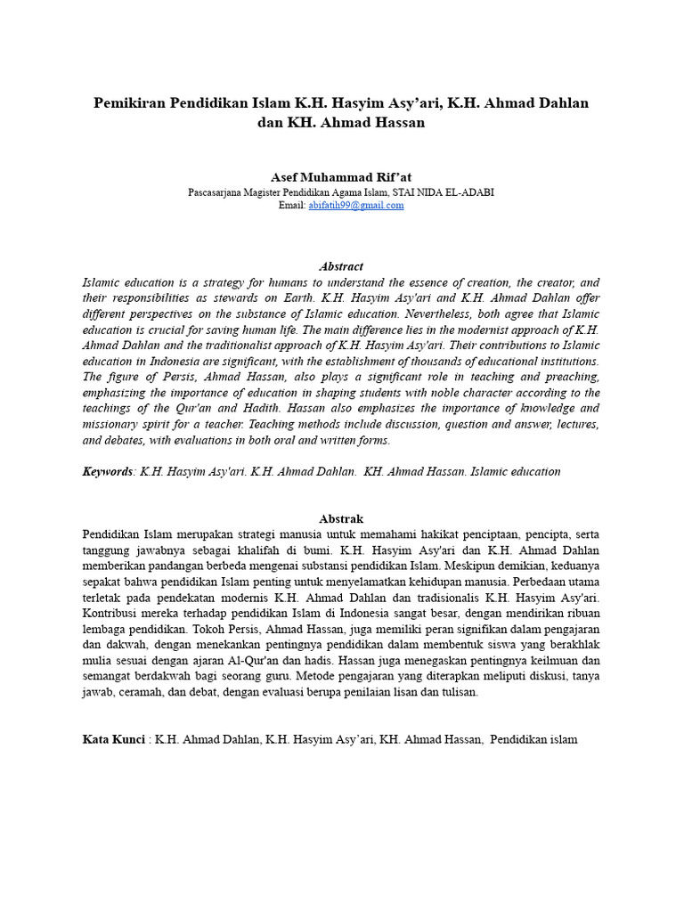 Pemikiran Pendidikan Islam K.H. Hasyim Asyari K.H. Ahmad Dahlan Dan KH. Ahmad Hassan 1 | PDF