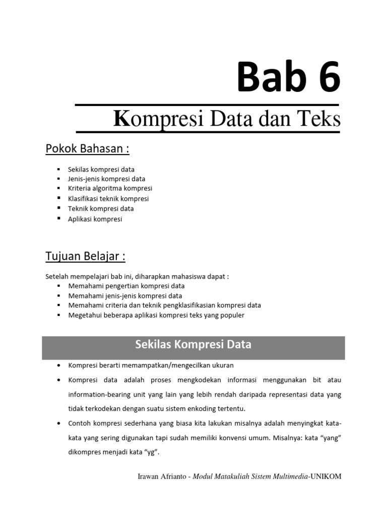 Bab 6 - Kompresi Data Dan Teks 2017 | PDF | Metode & Bahan Ajar | Komputer