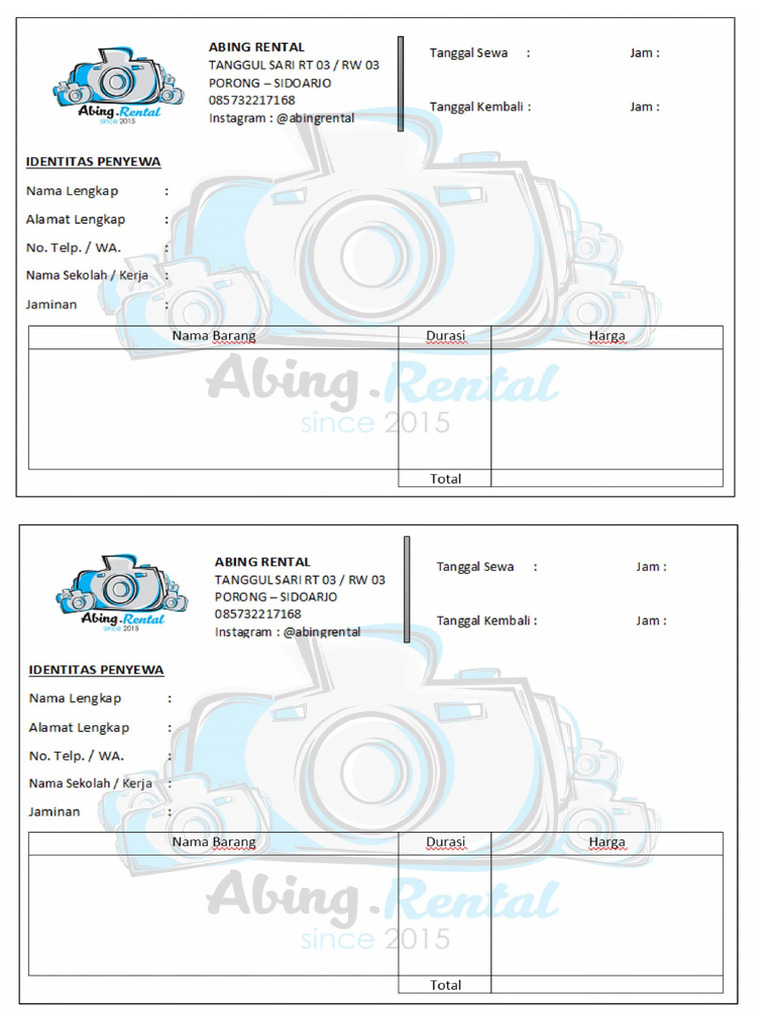 Form Sewa Cetak Depan | PDF