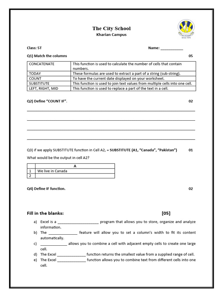 Class 5 - Analysing Data Worksheet | PDF | Microsoft Excel | Function ...