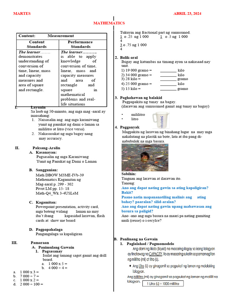 Math - Q4 - WK3 - Pagsasalin Sa L ML or Vice Versa | PDF
