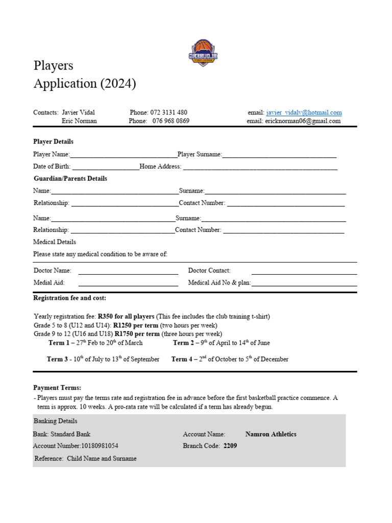 Players Application Form 2024 | PDF | Indemnity