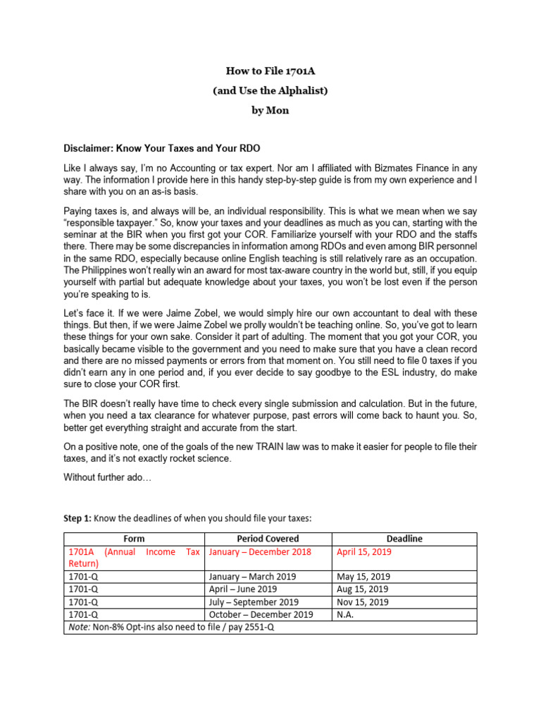 Filing BIR Form 1701A Guide | PDF | Taxes | Computer File