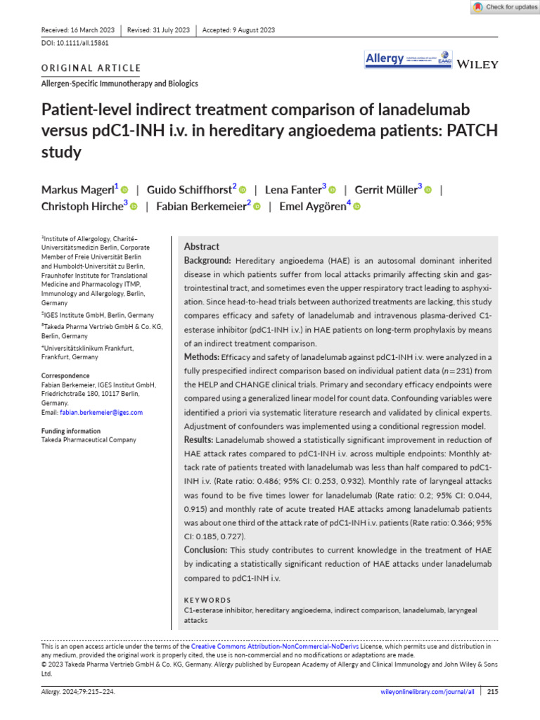 29. Patient‐level indirect treatment comparison of lanadelumab versus ...