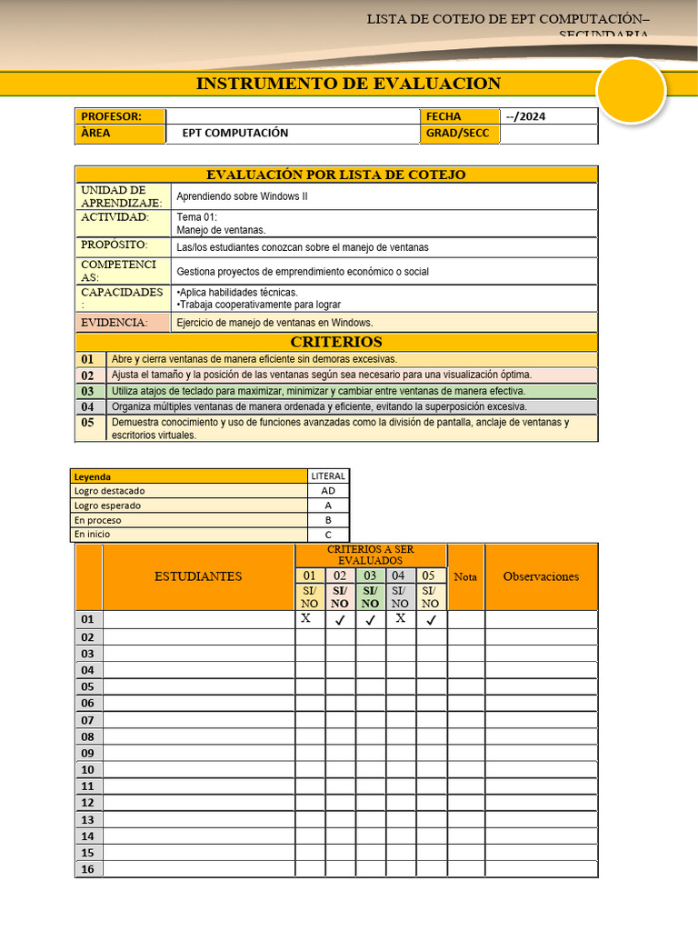 1ºy2° LISTA DE COTEJO ACTV 01 - EPT-COMPUTACIÓN 2024 | PDF | Evaluación | Informática