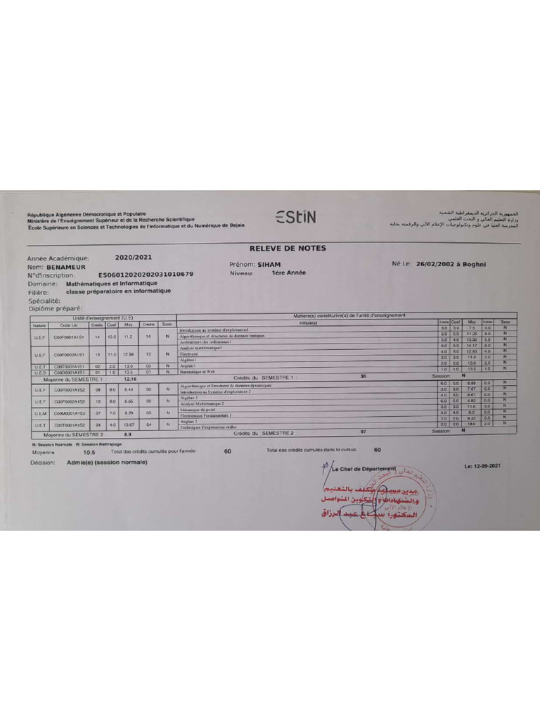 Relevé de Note 1CP | PDF