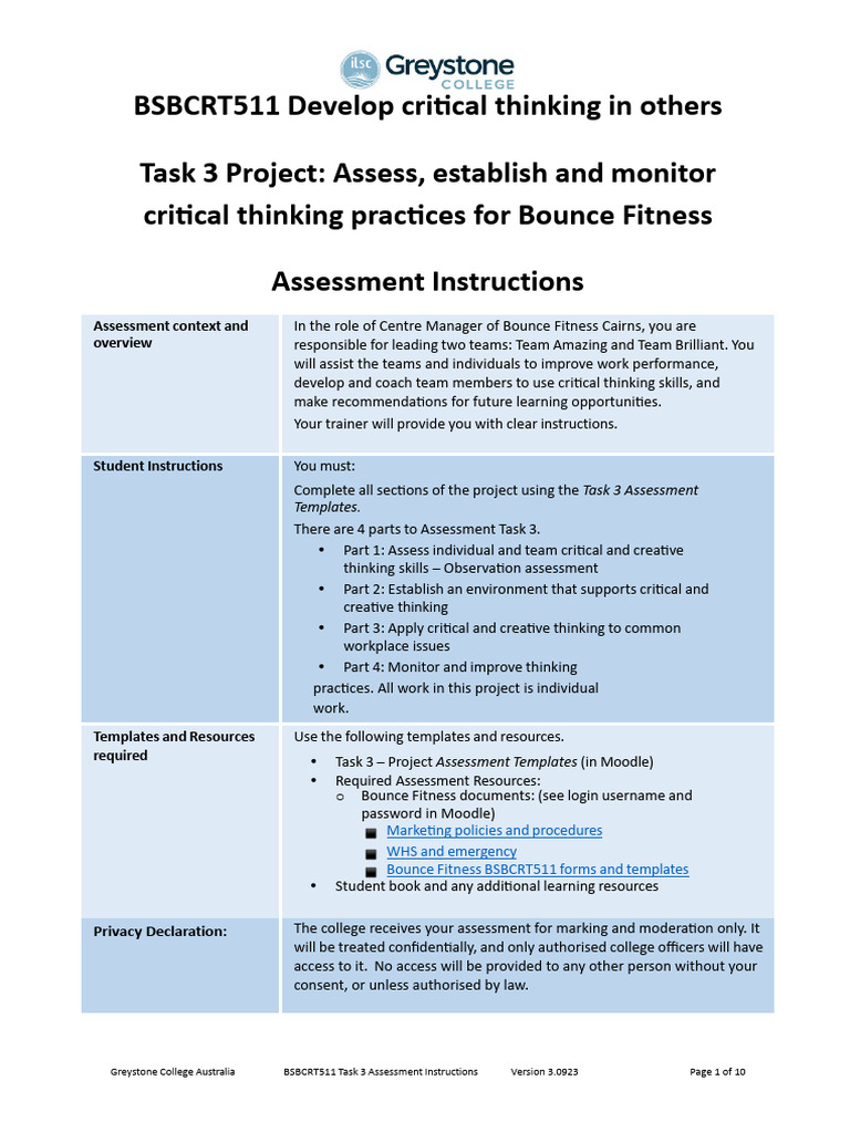 BSBCRT511 Task 3 Assessment Instructions_COMPLETED | PDF | Personal Trainer