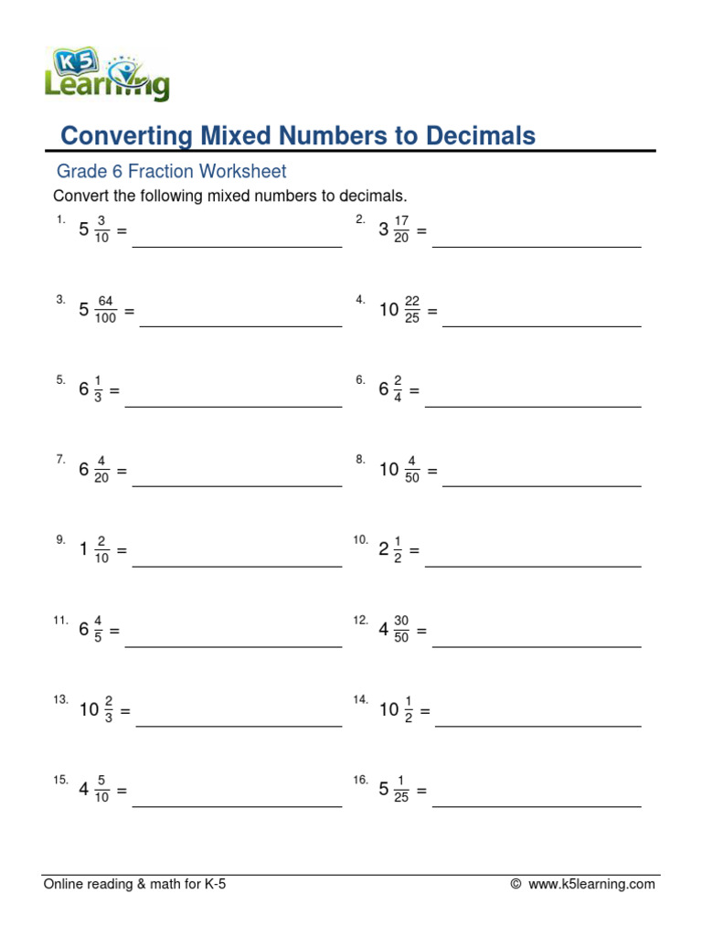 Grade 6 Mixed Numbers to Decimals Worksheet | PDF | Mathematical ...