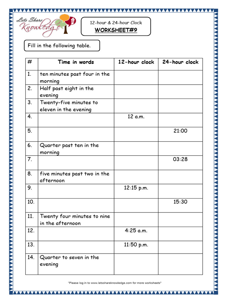 12 Hour 24 Hour Clock Grade 4 Maths Resources Printable Worksheets w9 ...