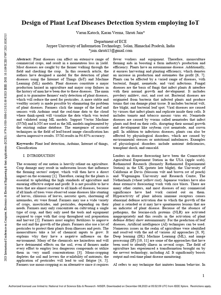 Design Of Plant Leaf Diseases Detection System Employing Iot Pdf Agriculture Artificial