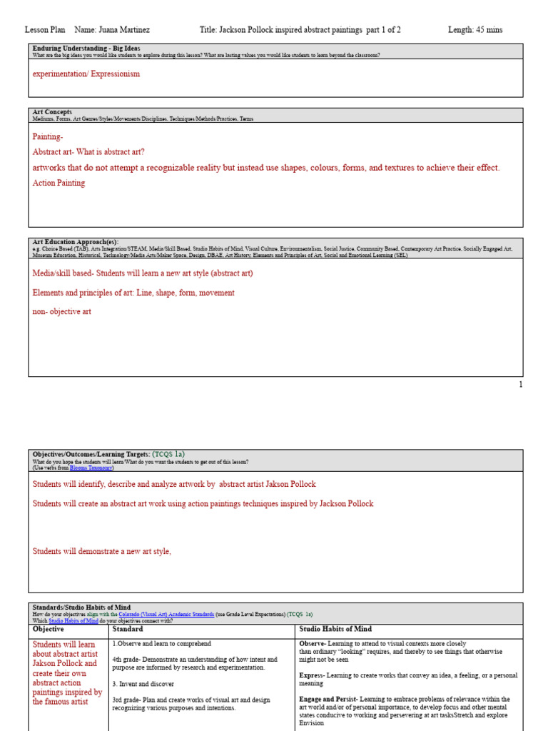 jackson pollock lesson 3-5 | PDF | Learning | The Arts