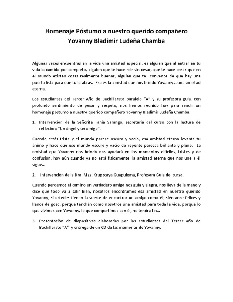 Homenaje Póstumo A Nuestro Querido Compañero Yovanny Bladimir Ludeña Chamba | PDF | Arte ...