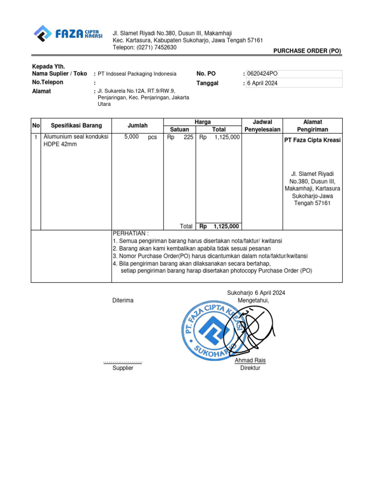Purchase Order PT Indoseal | PDF