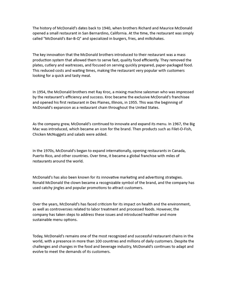 The History of McDonald | PDF | Mc Donald's | Foods