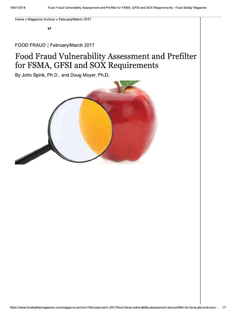Food Fraud Vulnerability Assessment and Prefilter For FSMA GFSI and SOX ...