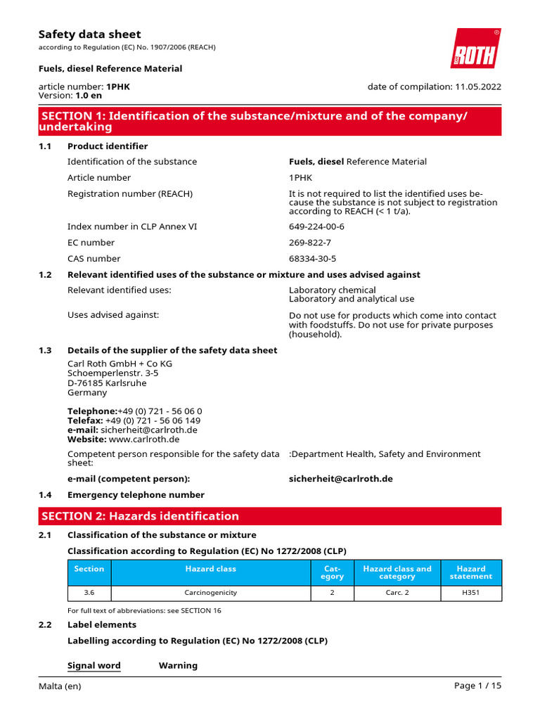 SDS Diesel | PDF | Dangerous Goods | Toxicity