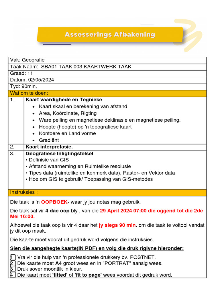 Assesserings Afbakening Geog Sba01 Taak 003 Kaartwerk Gr.11a | PDF