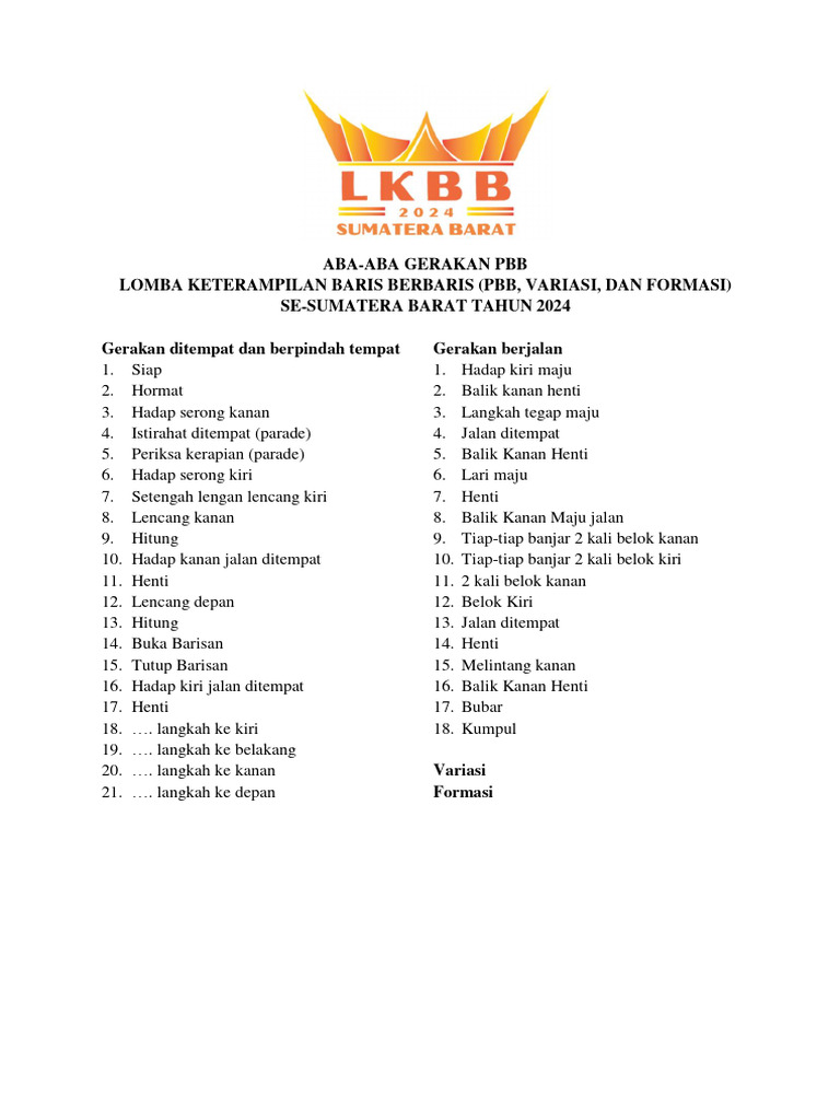 Urutan Aba-Aba LKBB (PBB, Variasi, Formasi) Sumbar 2024 | PDF