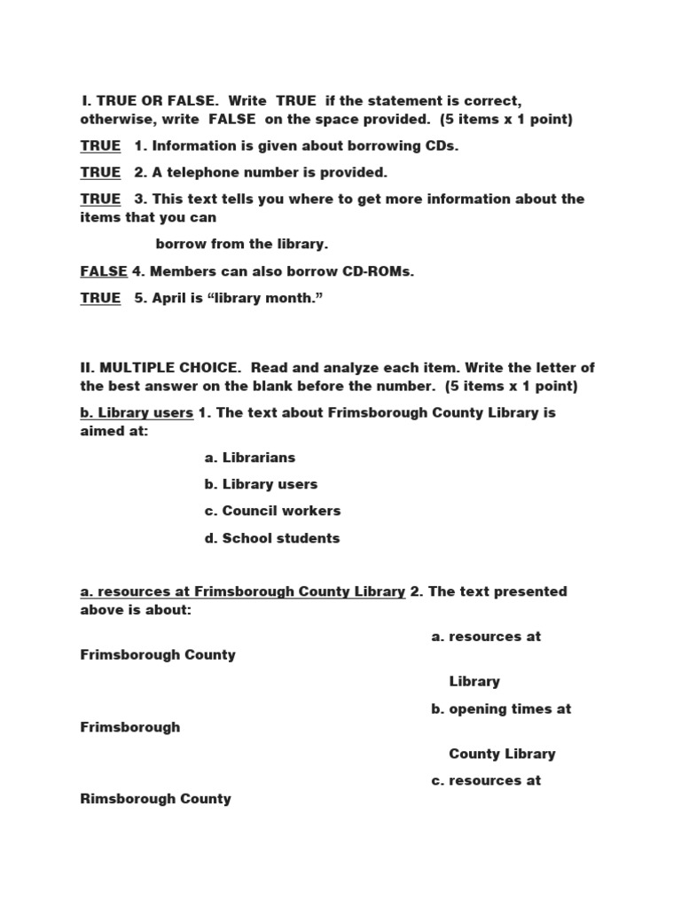 Frimsborough Library Quiz: True/False & MCQ | PDF | Foreign Language ...