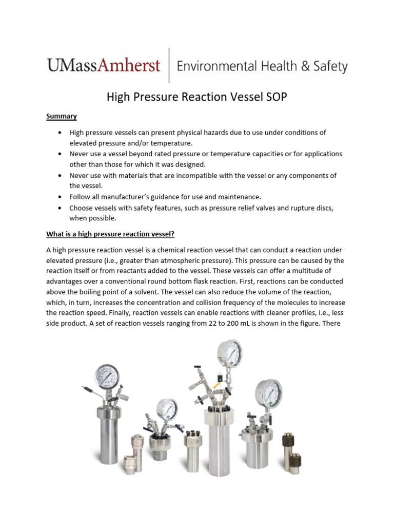 High Pressure Reaction Vessel SOP | PDF | Personal Protective Equipment ...