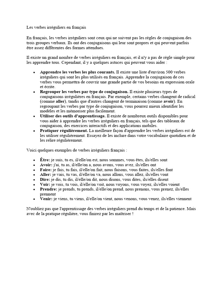 Liste des verbes irréguliers en français | PDF | Verbe | Conjugaison