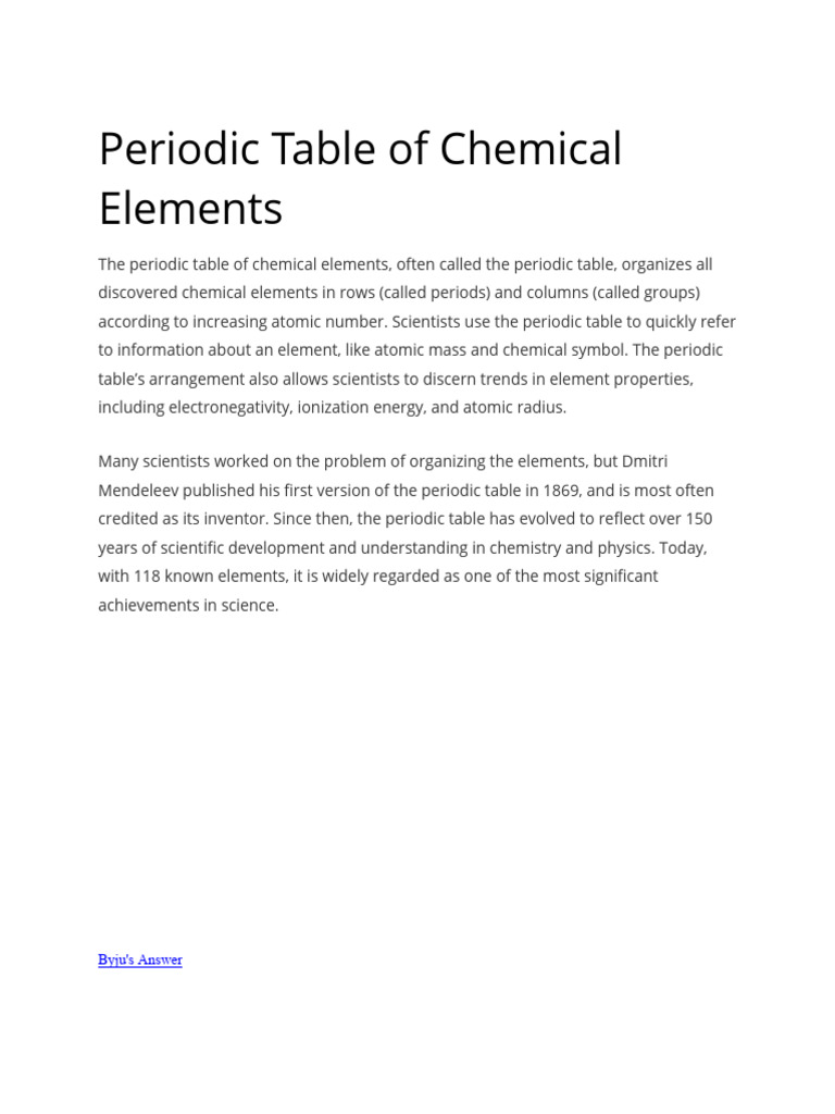 Periodic Table of Chemical Elements | PDF