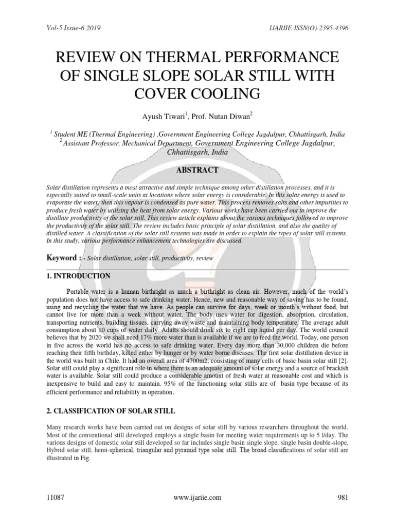 Review On Thermal Performance of Single Slope Solar Still With Cover ...
