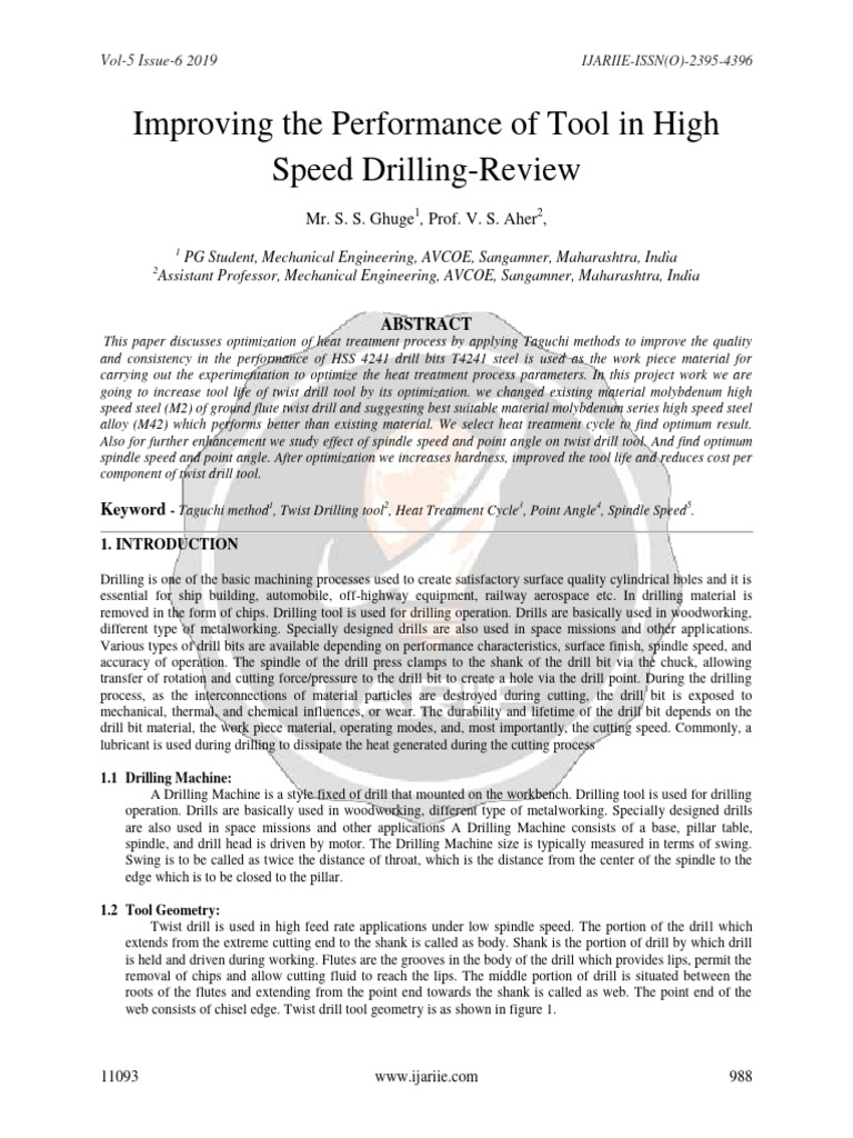 Improving The Performance of Tool in High Speed Drilling Review Ijariie11093 | PDF | Drill ...