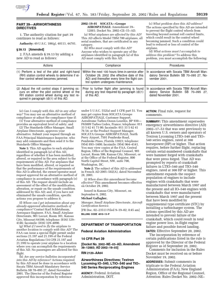Federal Register / Vol. 67, No. 183 / Friday, September 20, 2002 ...