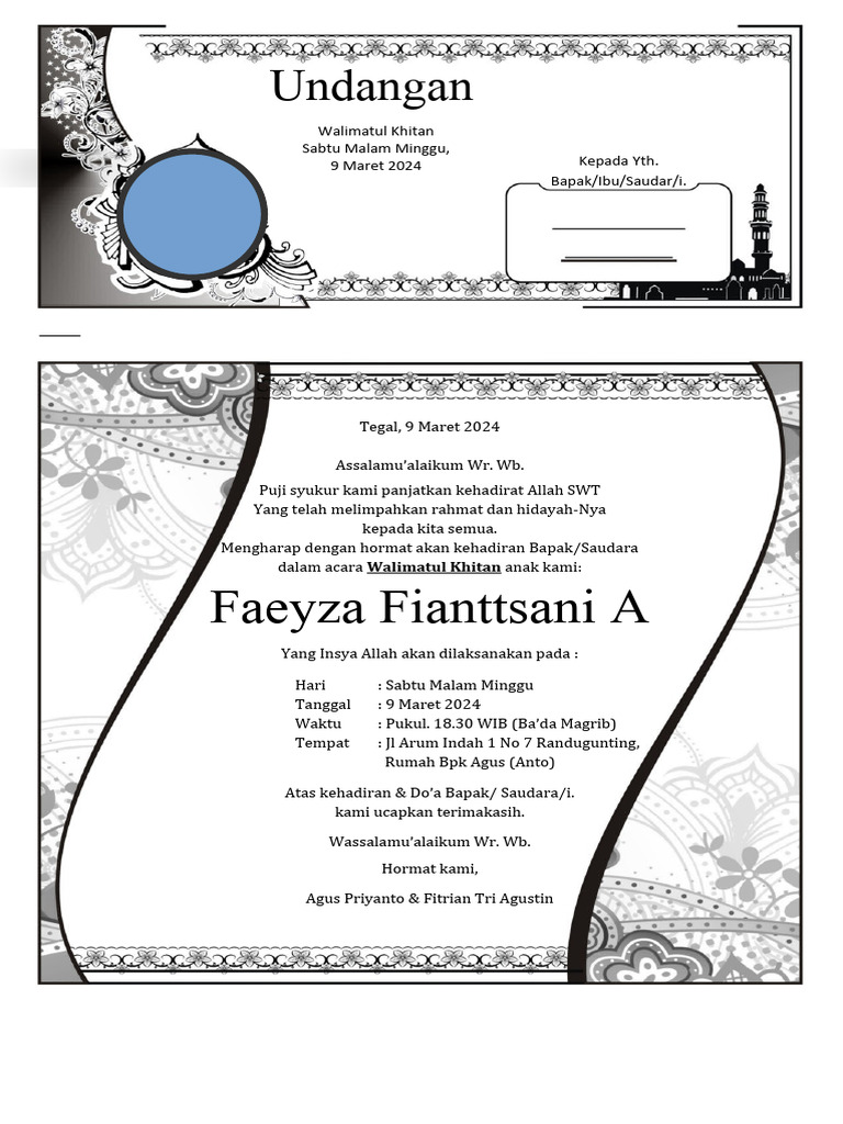 Undangan Tahlilan Khitanan Kertas A4 Word | PDF