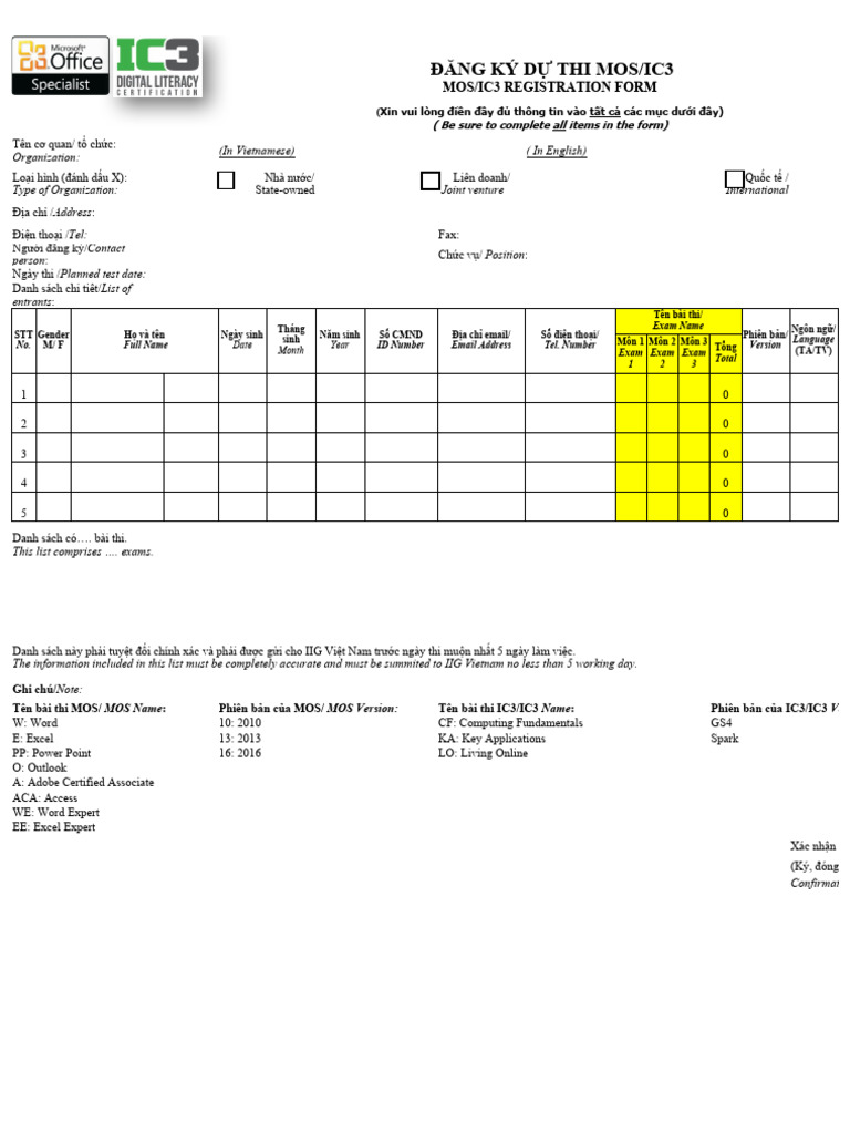 Biểu Mẫu 2 Certiport Form Dang Ky Thi | PDF