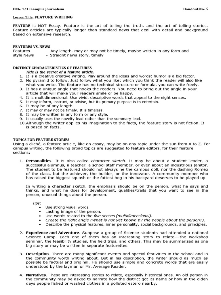 Feature Writing: Title Is The Secret of A Feature Article | PDF | Essays