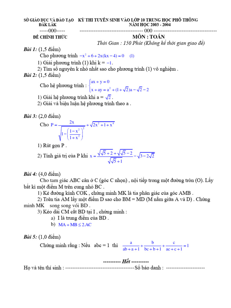 Tuyển tập đề thi vào 10 Dak Lak Môn Toán (2003..... ) | PDF