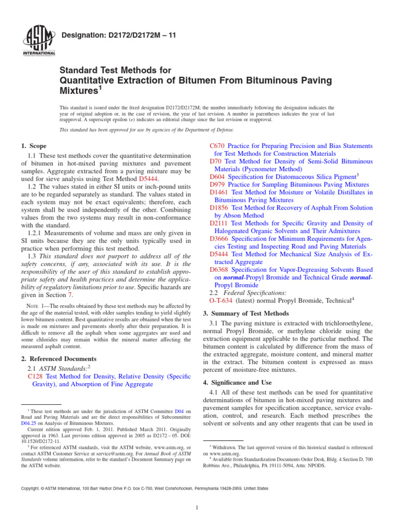 Quantitative Extraction of Bitumen From Bituminous Paving Mixtures ...