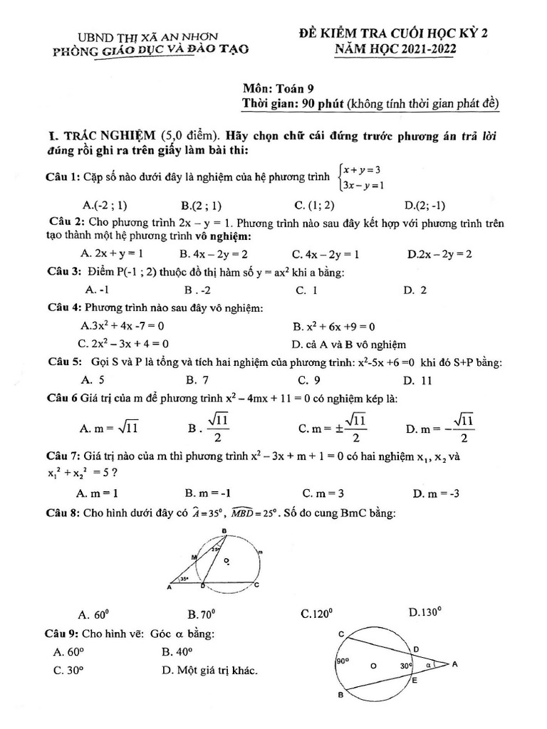 De Cuoi Hoc Ky 2 Toan 9 Nam 2021 2022 Phong GDDT An Nhon Binh Dinh | PDF