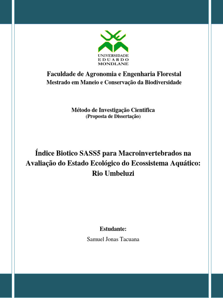 Índice Biótico SASS5 na Avaliação do Estado Ecológico do Ecossistema ...