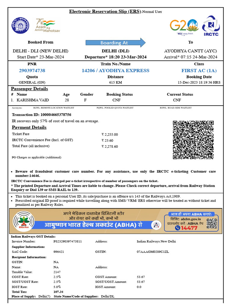 Ayodhya Express First Ac (1A) : Electronic Reservation Slip (ERS) | PDF ...