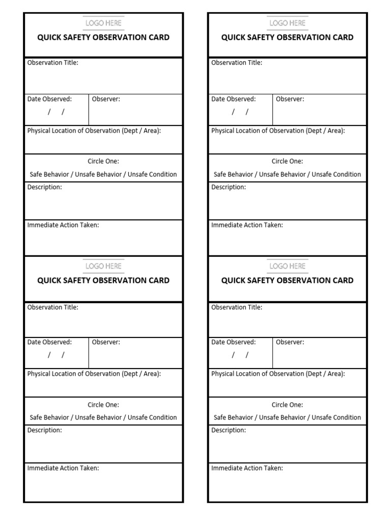 Quick Safety Observation Card | PDF | Safety | Occupational Safety And ...