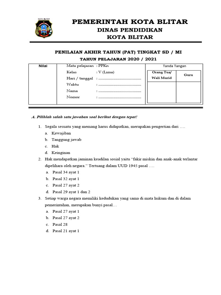 NASKAH SOAL PAT 2020-2021 - KELAS V - PPKN | PDF