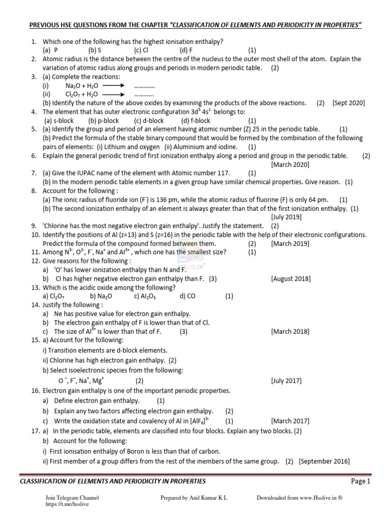Hsslive-Xi-Chem-Prvs-Qn-3. Classification of Elements. | PDF | Periodic ...