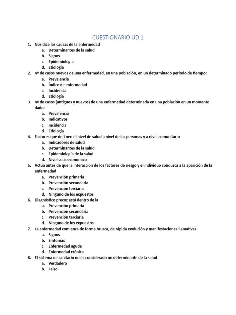 CUESTIONARIO UD 1 | PDF | Asistencia sanitaria preventiva | Epidemiología